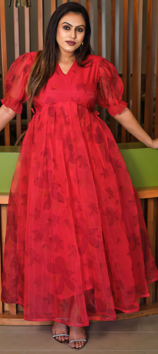 Casual, Party Wear Blue, Red and Maroon color Organza Silk fabric Dress ...