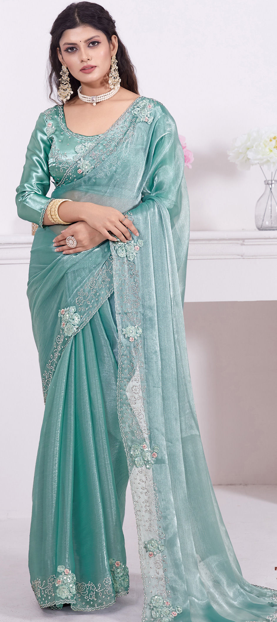 Traditional, Wedding Green color Shimmer, Silk fabric Saree : 1940357