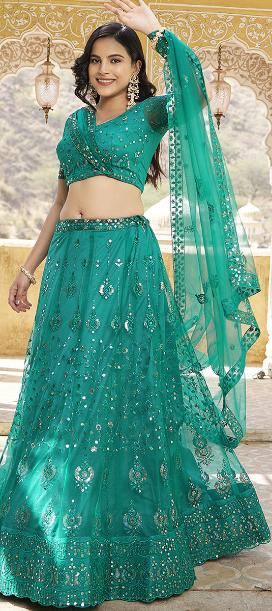 Festive, Reception, Wedding Blue color Net fabric Lehenga : 1940421