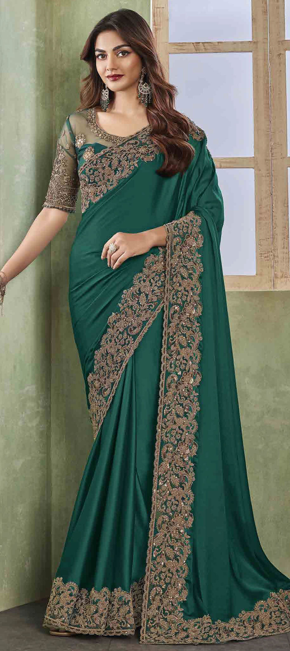 Reception, Traditional, Wedding Green color Silk fabric Saree : 1940964