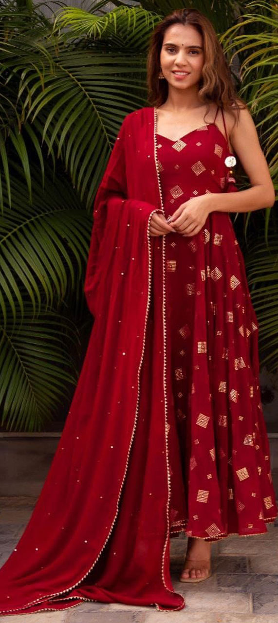 Festive, Reception Red and Maroon color Georgette fabric Gown : 1941904