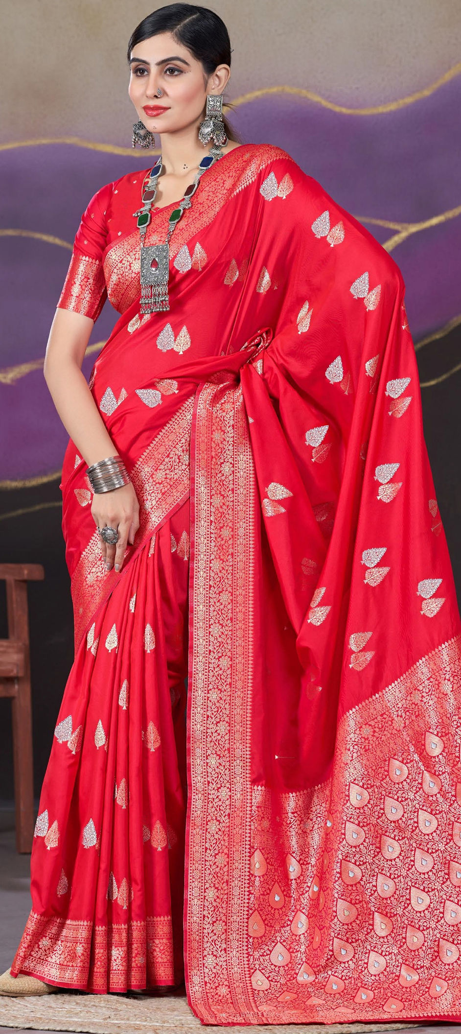 Reception, Traditional Red and Maroon color Silk fabric Saree : 1942979