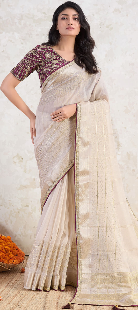 Traditional, Wedding Beige and Brown color Tissue fabric Saree : 1944617