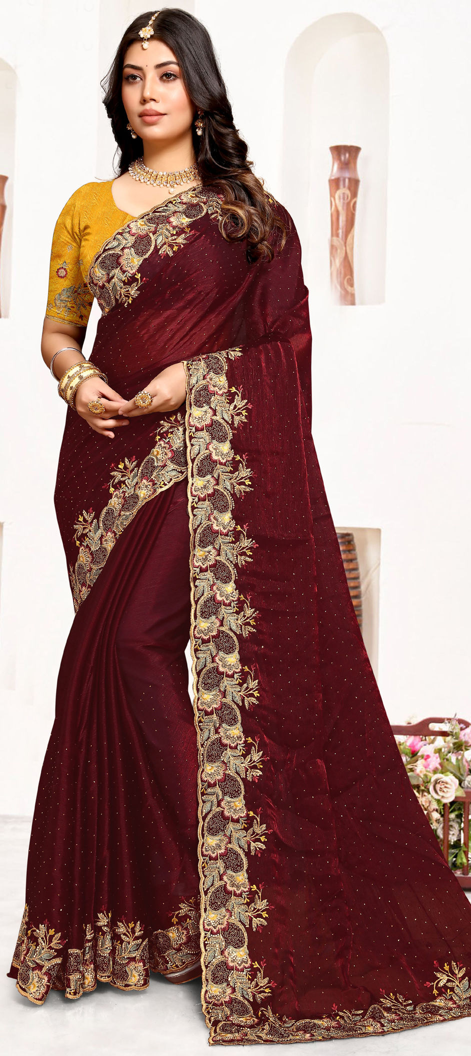 Reception, Wedding Red and Maroon color Satin Silk fabric Saree : 1945431