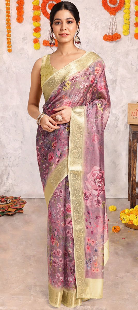 Festive, Traditional Purple and Violet color Organza Silk fabric Saree ...
