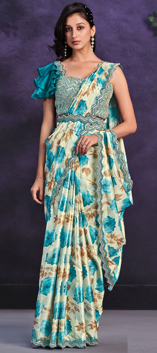 Mehendi Sangeet, Traditional, Wedding Beige and Brown, Blue color Satin ...