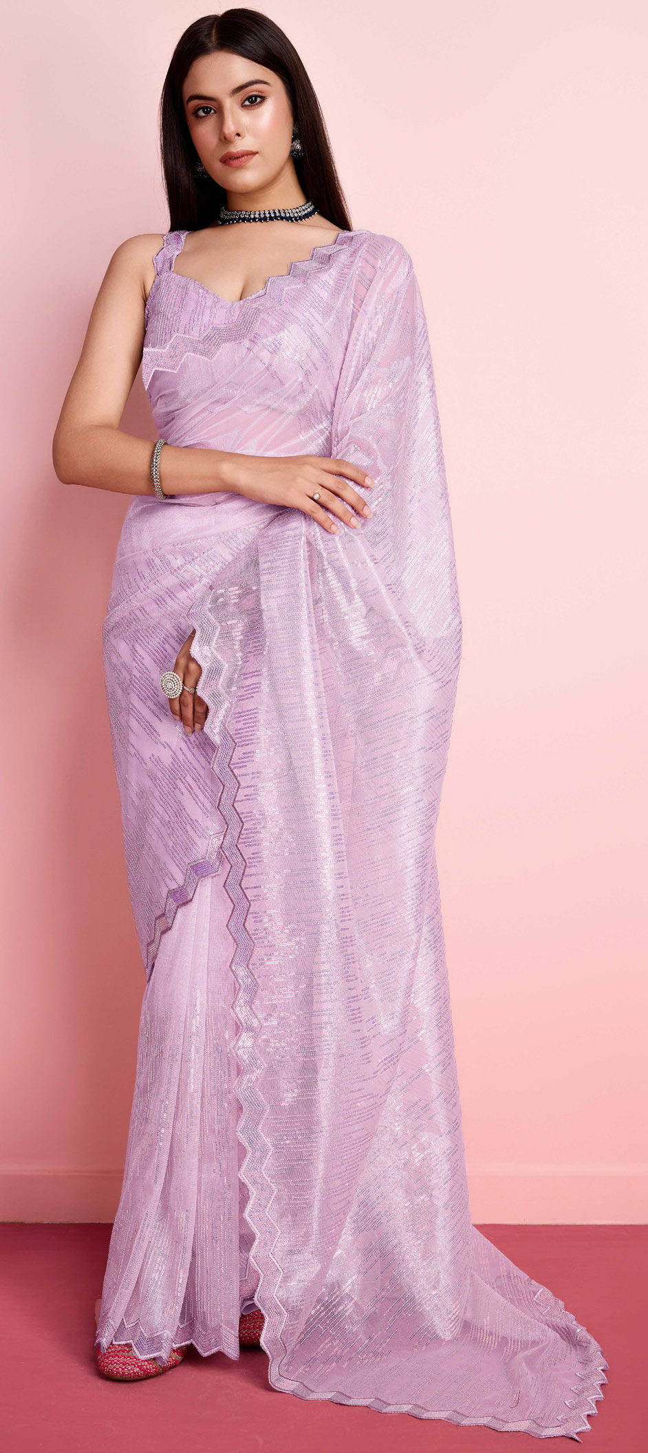 Festive, Reception Purple and Violet color Net fabric Saree : 1946902