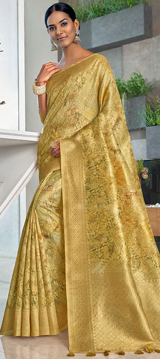 Engagement, Traditional, Wedding Gold color Silk fabric Saree : 1947379