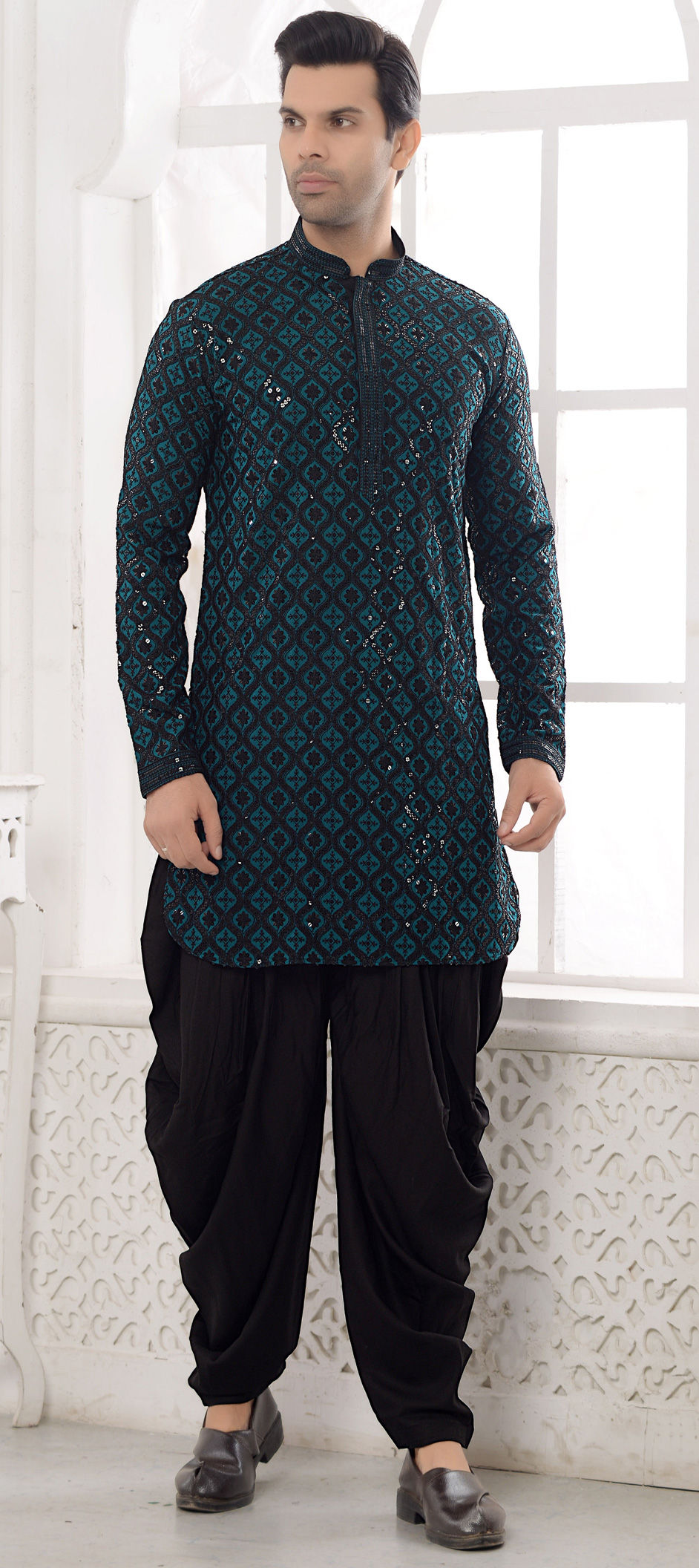 Party Wear Blue color Rayon fabric Pathani Suit : 1948485