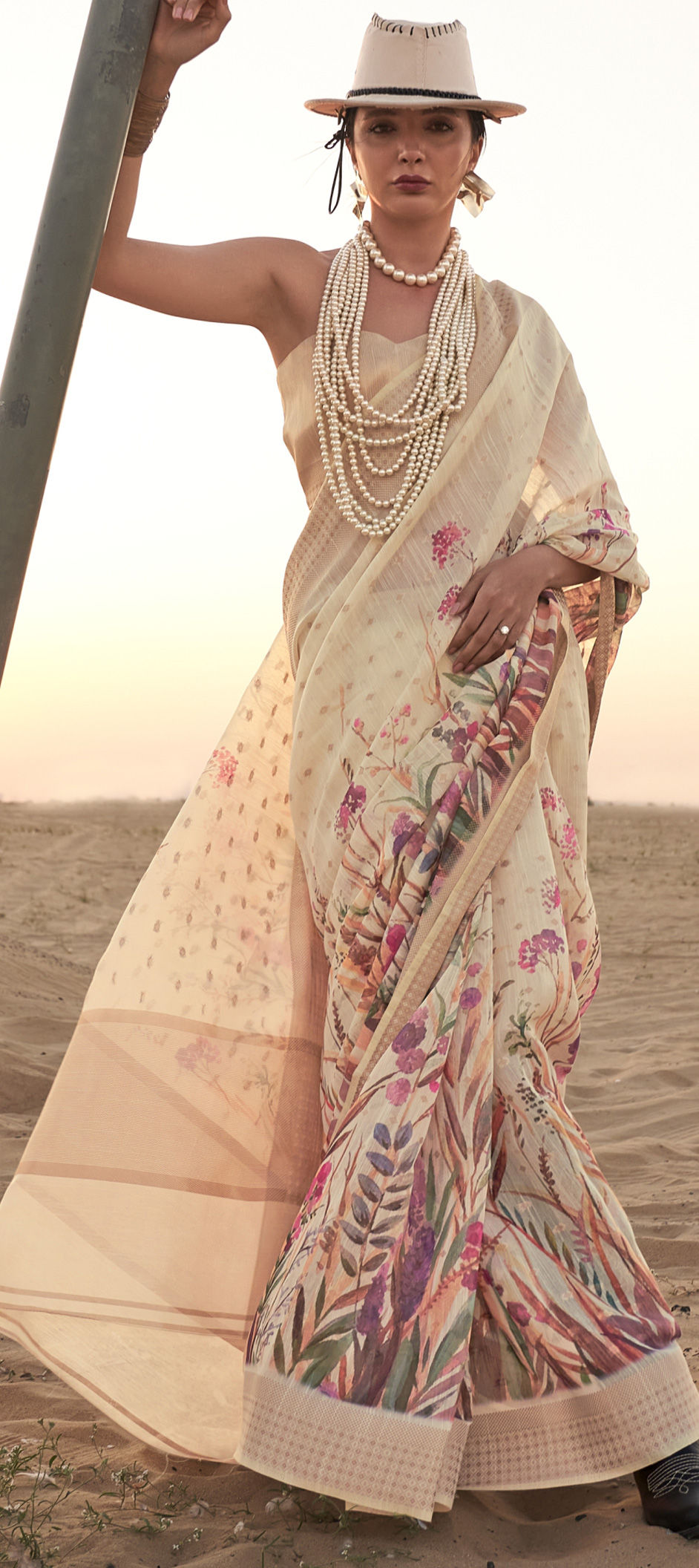 Party Wear, Traditional White and Off White color Linen fabric Saree ...
