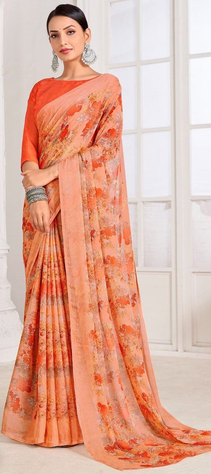 Casual Orange color Chiffon fabric Saree : 1949207