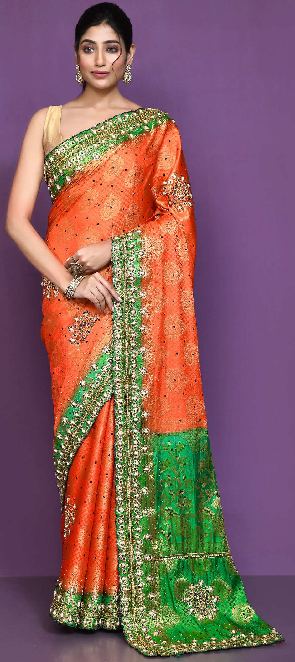 Bridal, Traditional, Wedding Orange color Kanjeevaram Silk fabric Saree ...