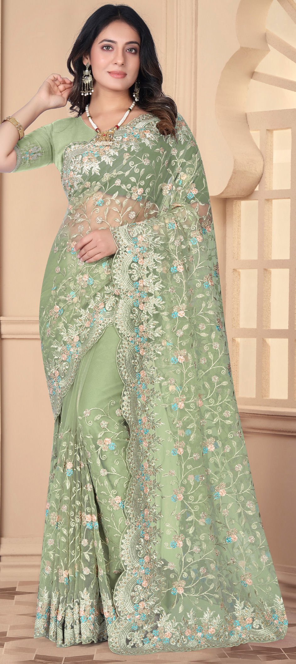 Bridal, Wedding Green color Net fabric Saree : 1950249