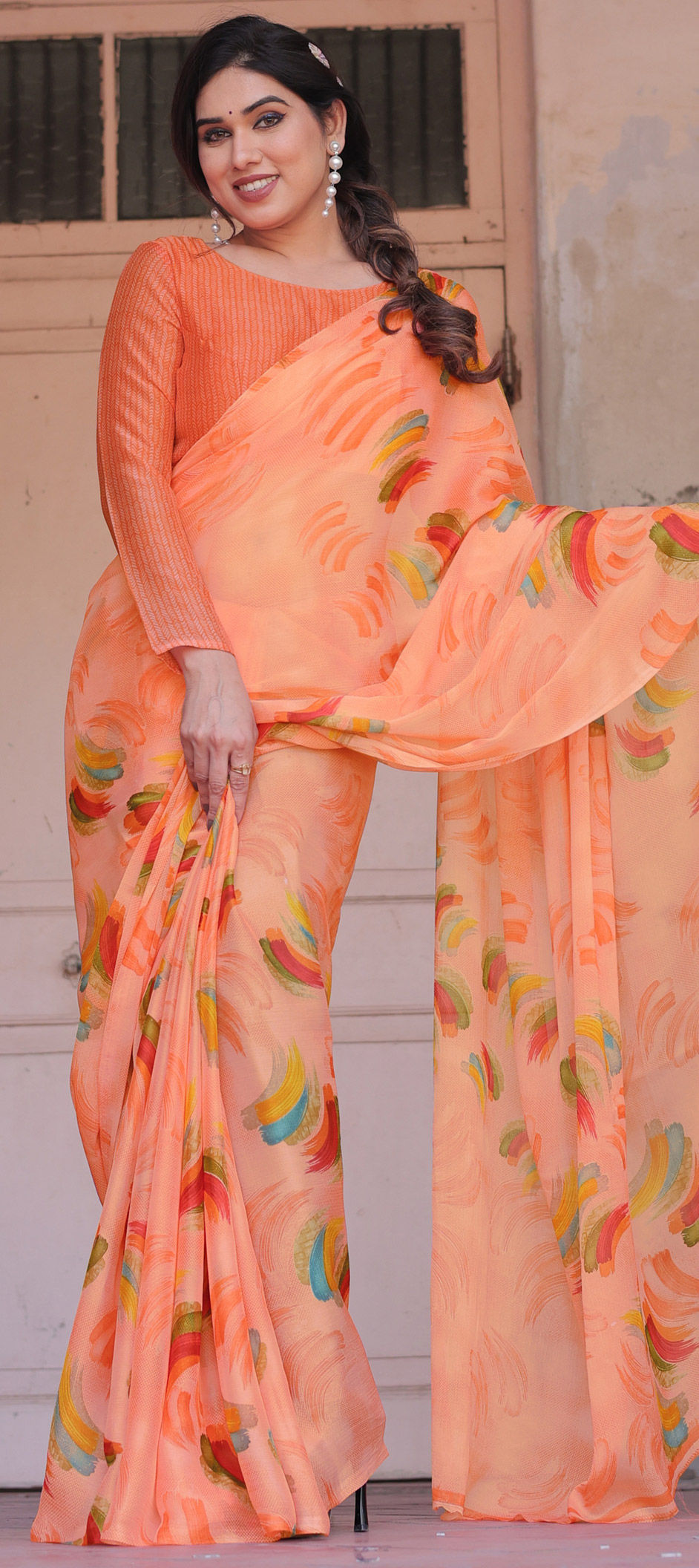 Casual Orange color Chiffon fabric Saree : 1950873