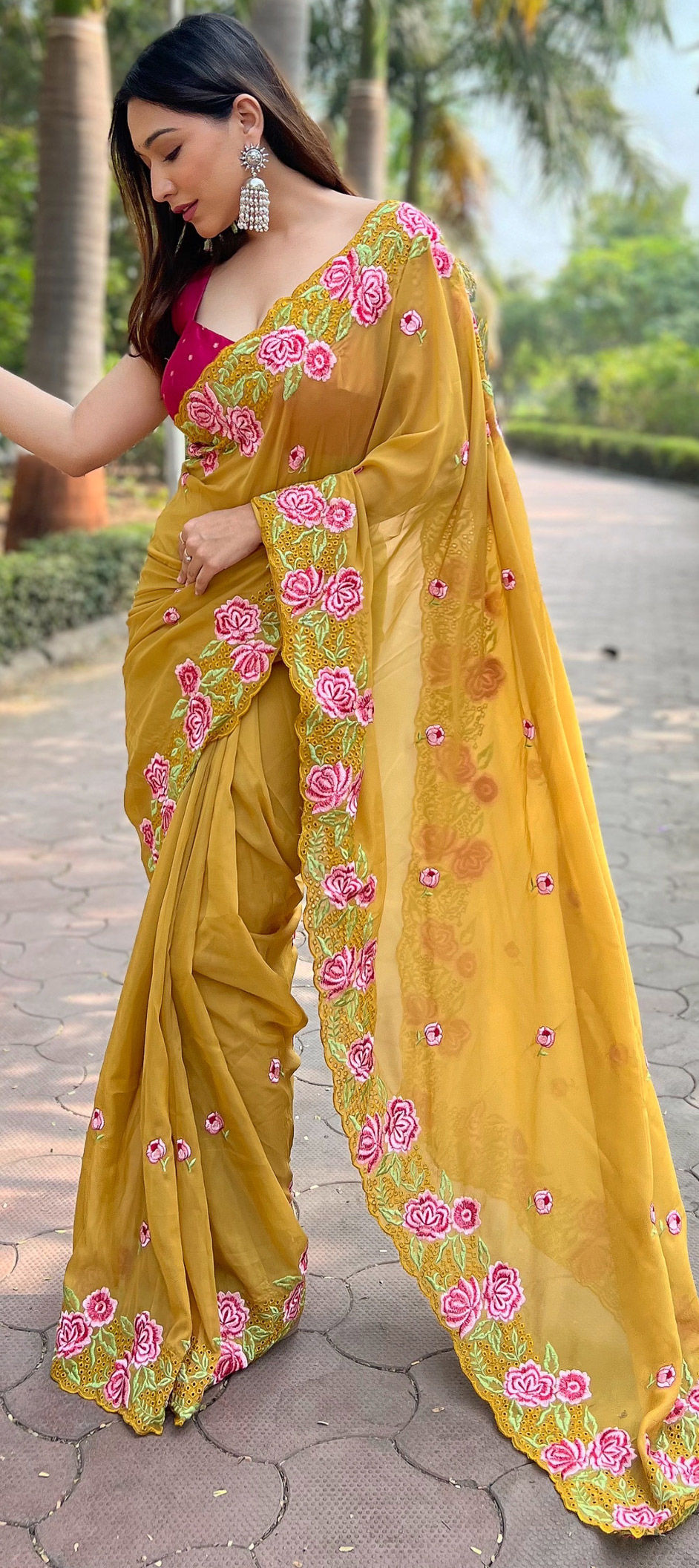 Festive, Party Wear, Traditional Yellow color Organza Silk fabric Saree ...