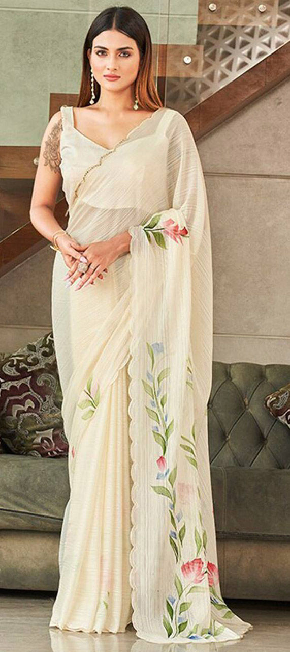 Festive, Reception White and Off White color Chiffon fabric Saree : 1951344