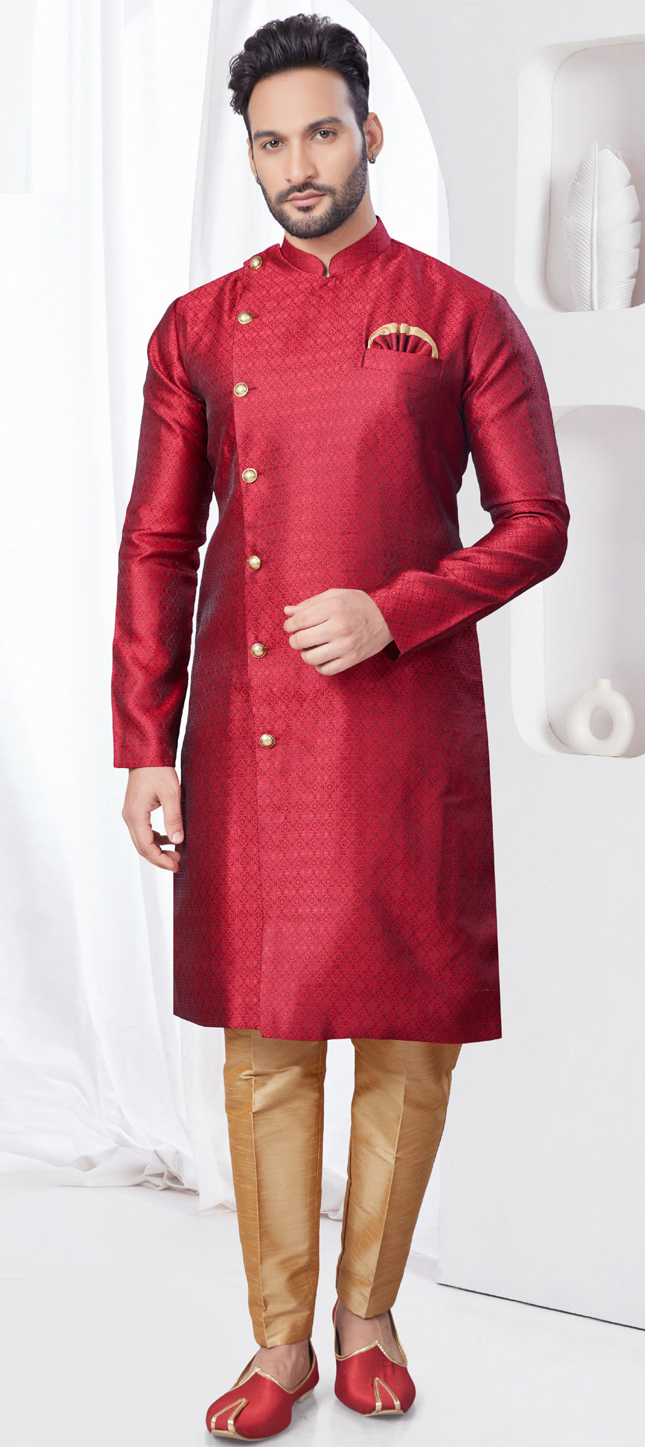 Party Wear Red and Maroon color Jacquard fabric IndoWestern Dress : 1952313