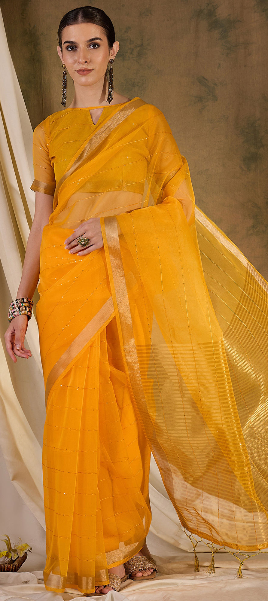 Reception, Traditional Yellow color Organza Silk fabric Saree : 1953627