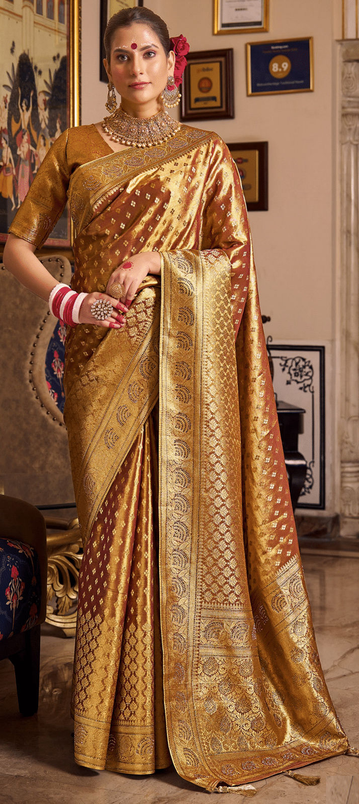 Festive, Traditional Beige and Brown color Tissue fabric Saree : 1954175