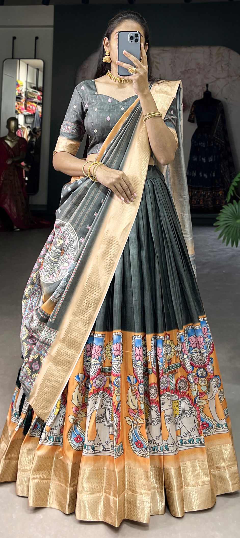 Festive, Reception Beige and Brown, Green color Dolla Silk fabric ...