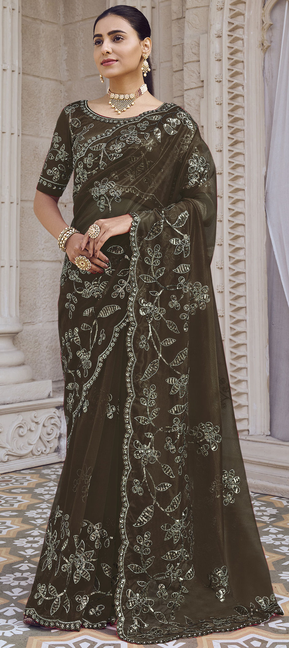 Engagement, Festive, Reception Black and Grey color Net fabric Saree ...