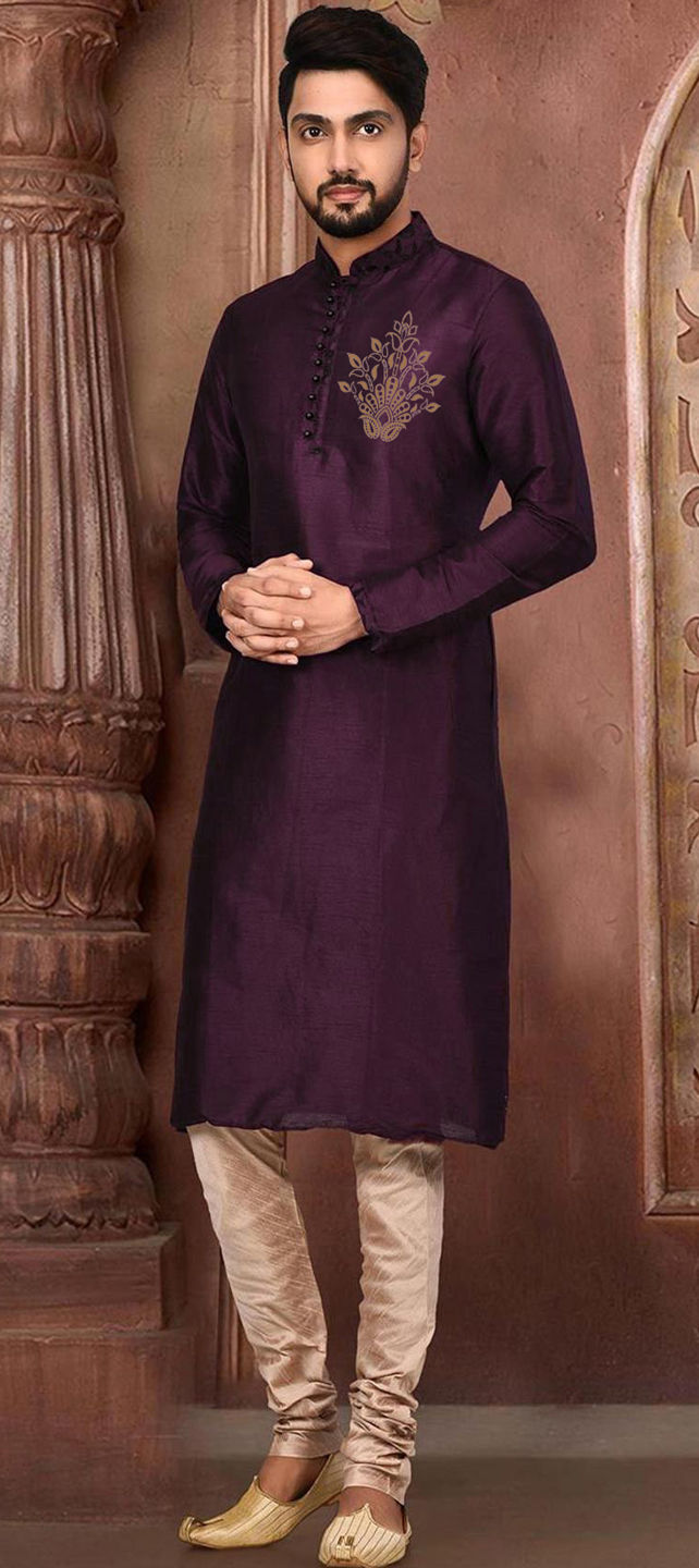 Party Wear Purple and Violet color Dupion Silk fabric Kurta Pyjamas ...