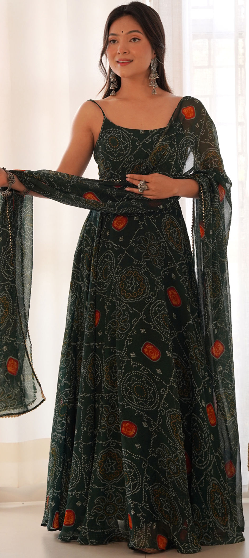 Festive, Reception Green color Chiffon fabric Gown : 1955858