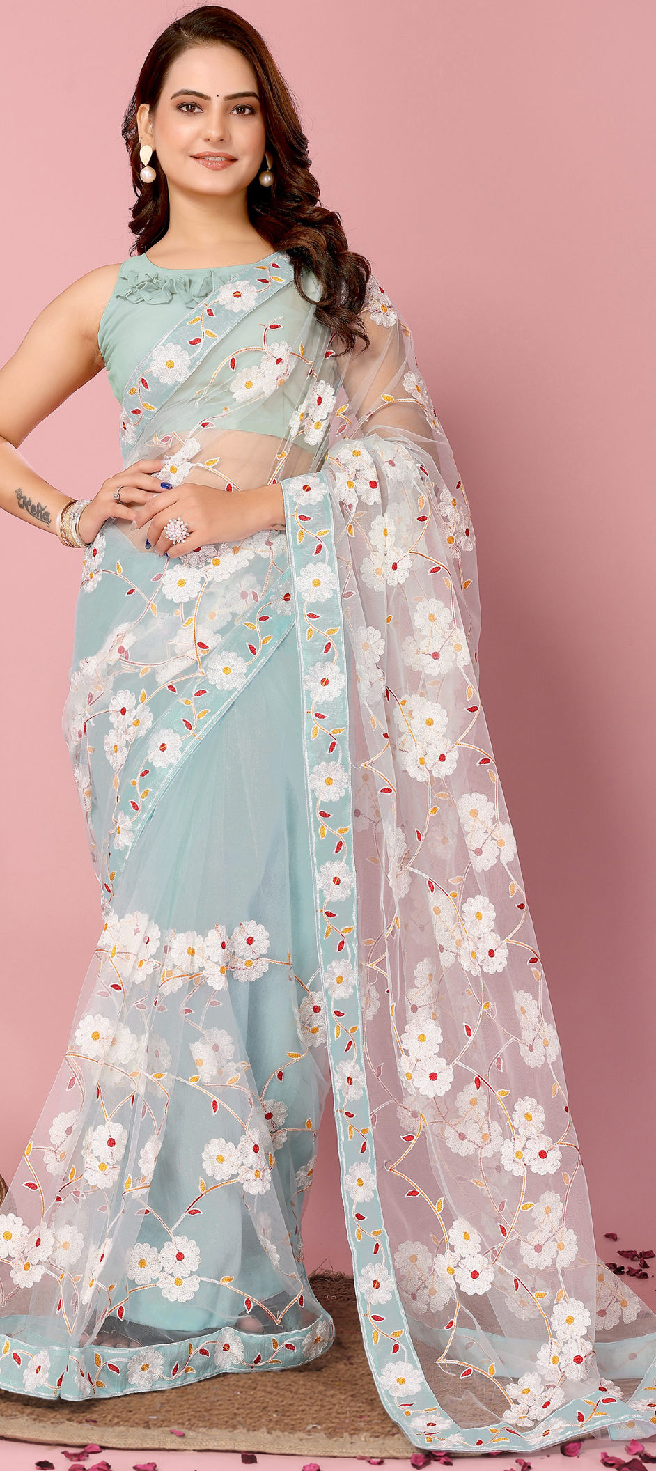 Festive, Party Wear, Reception Blue color Net fabric Saree : 1956020