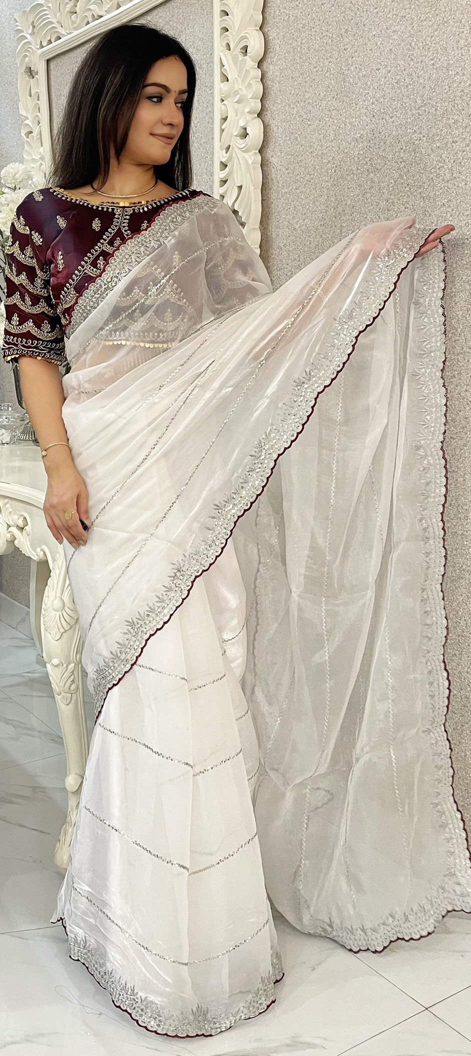 Festive, Reception, Traditional White and Off White color Organza Silk ...