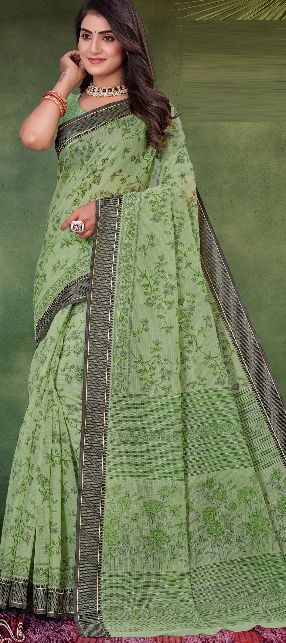 Summer, Traditional Green color Cotton fabric Saree : 1956412