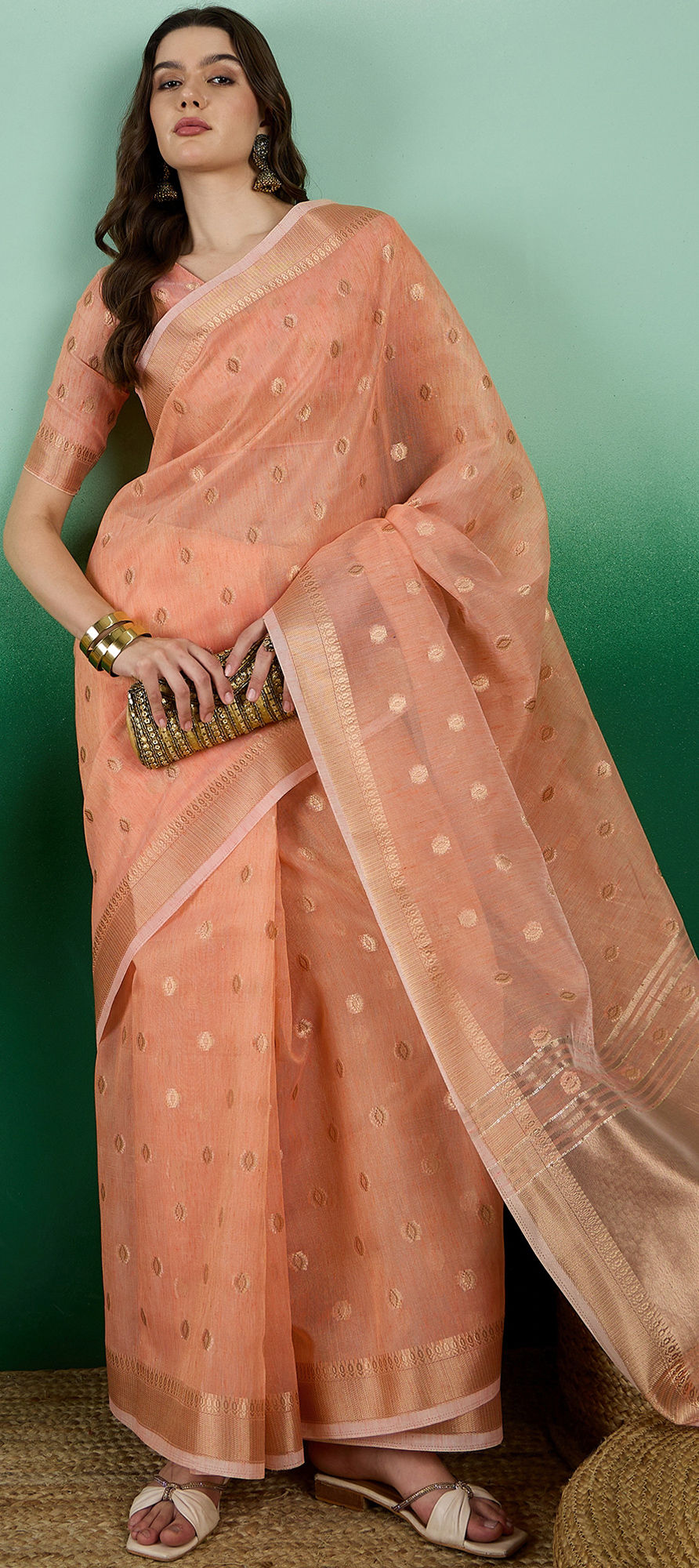 Party Wear, Traditional Orange color Cotton fabric Saree : 1956448