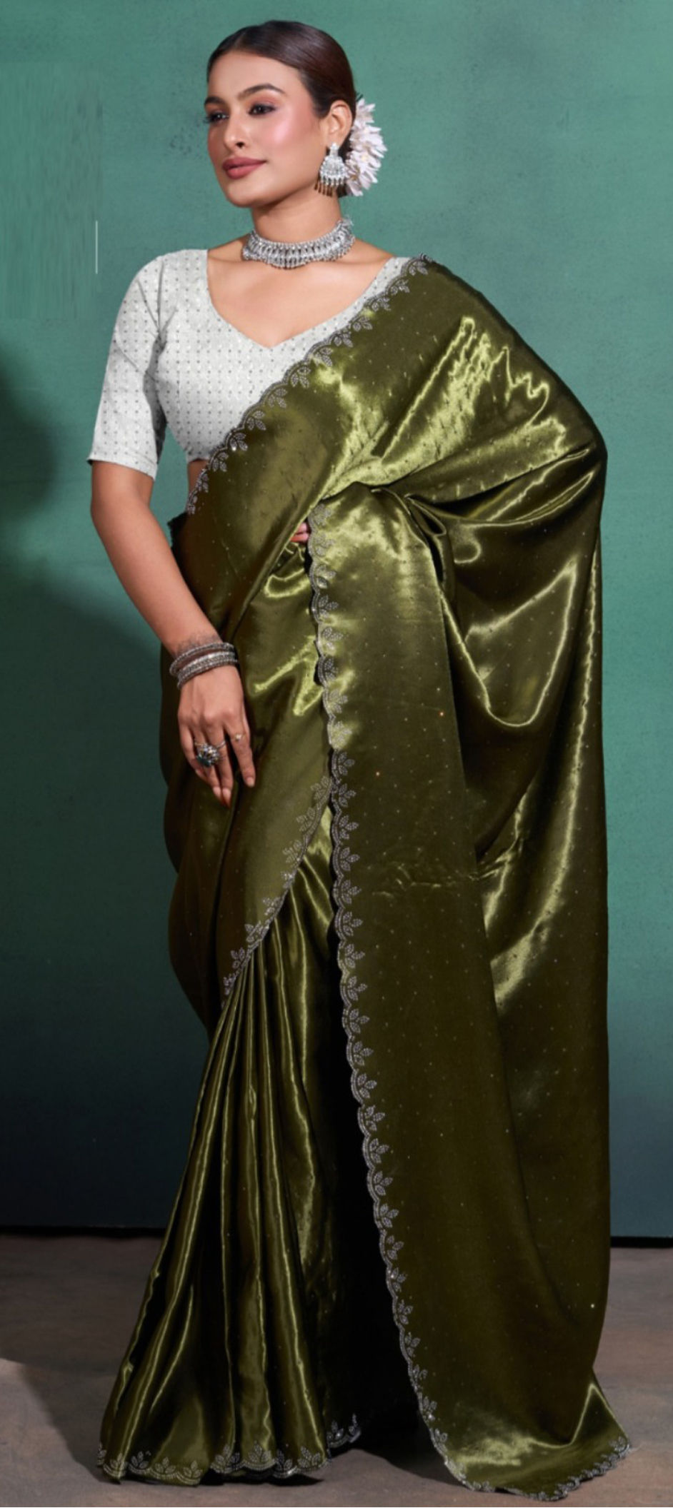 Festive, Traditional Green color Satin Silk fabric Saree : 1957802