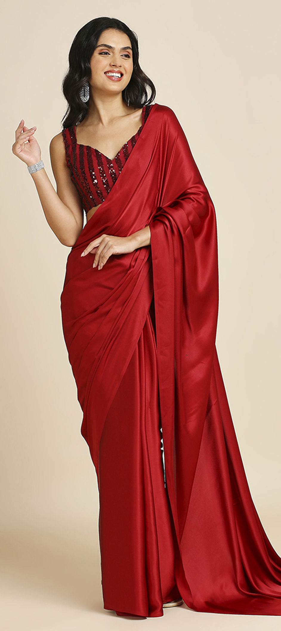 Festive, Traditional Red and Maroon color Satin Silk fabric Saree : 1957965
