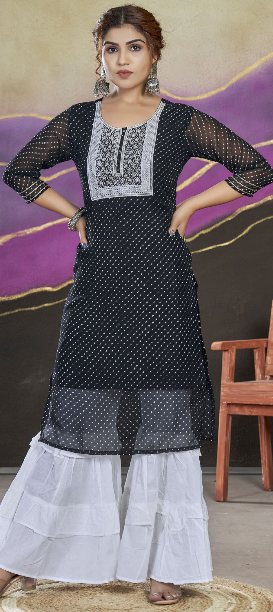 Festive Black and Grey color Georgette fabric Kurti : 1958608