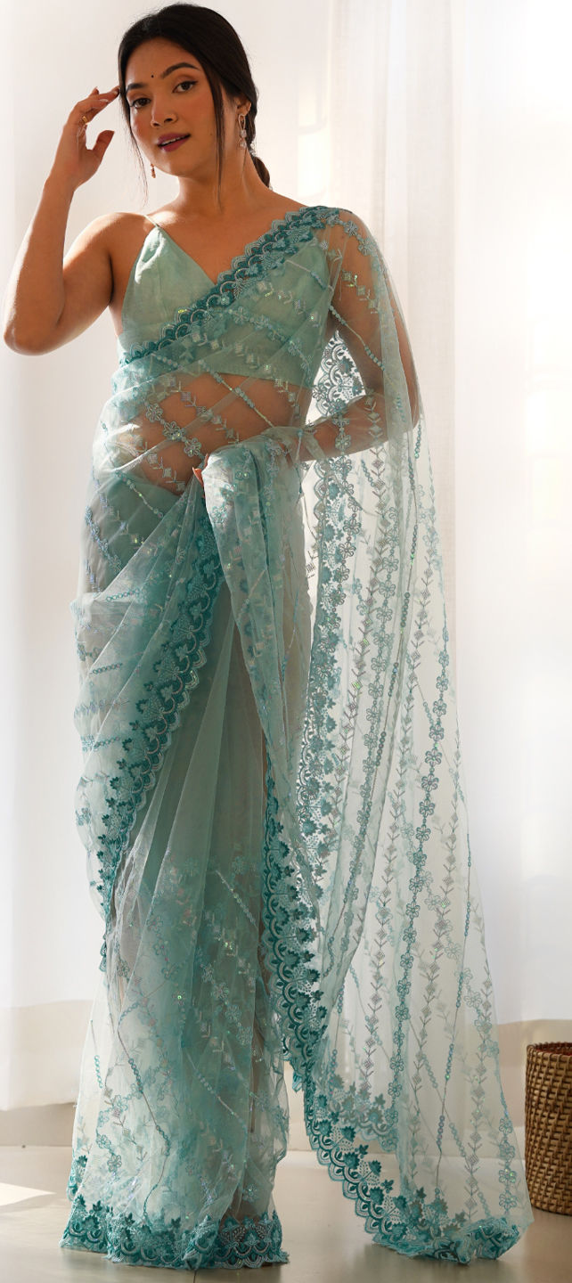 Festive, Reception Blue color Net fabric Saree : 1959065