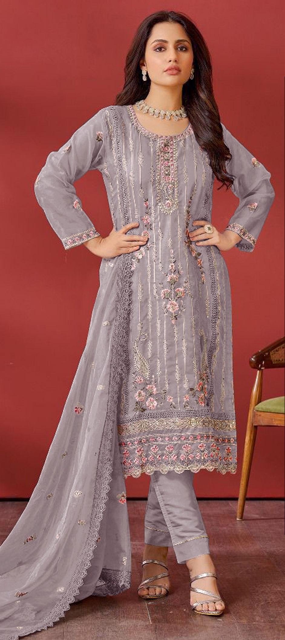 Festive, Party Wear Black and Grey color Organza Silk fabric Salwar ...