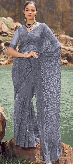 Bridal, Engagement, Wedding Black and Grey color Net fabric Saree : 1963653