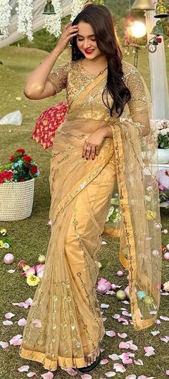 Festive, Reception Gold color Net fabric Saree : 1969030