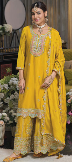 Festive, Reception, Wedding Yellow color Silk fabric Salwar Kameez ...