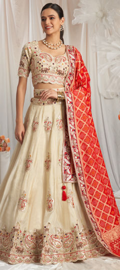 Bridal, Wedding Red and Maroon color Tissue fabric Lehenga : 1970341