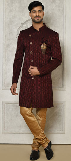 Party Wear, Wedding Red and Maroon color Jacquard fabric IndoWestern ...