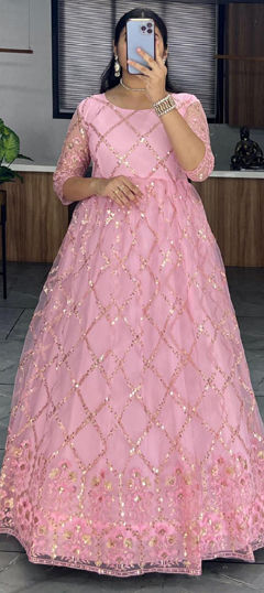Festive, Party Wear, Reception Pink and Majenta color Net fabric Gown ...