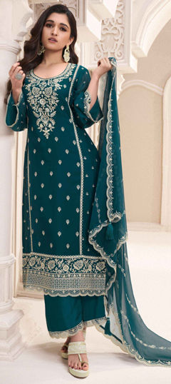 Festive, Party Wear, Reception Blue color Chiffon fabric Salwar Kameez ...