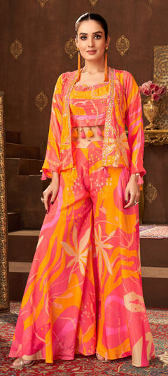 Festive, Reception, Wedding Pink and Majenta, Yellow color Silk fabric ...