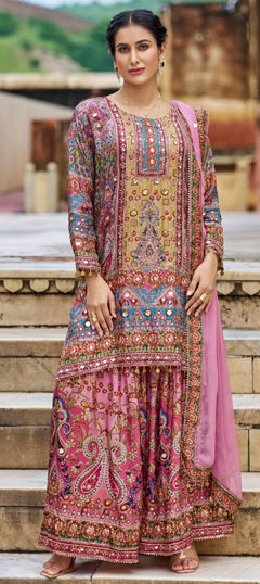 Festive, Party Wear, Reception Pink and Majenta color Chinon Silk ...