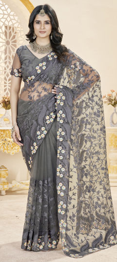 Festive, Party Wear, Wedding Black and Grey color Net fabric Saree ...