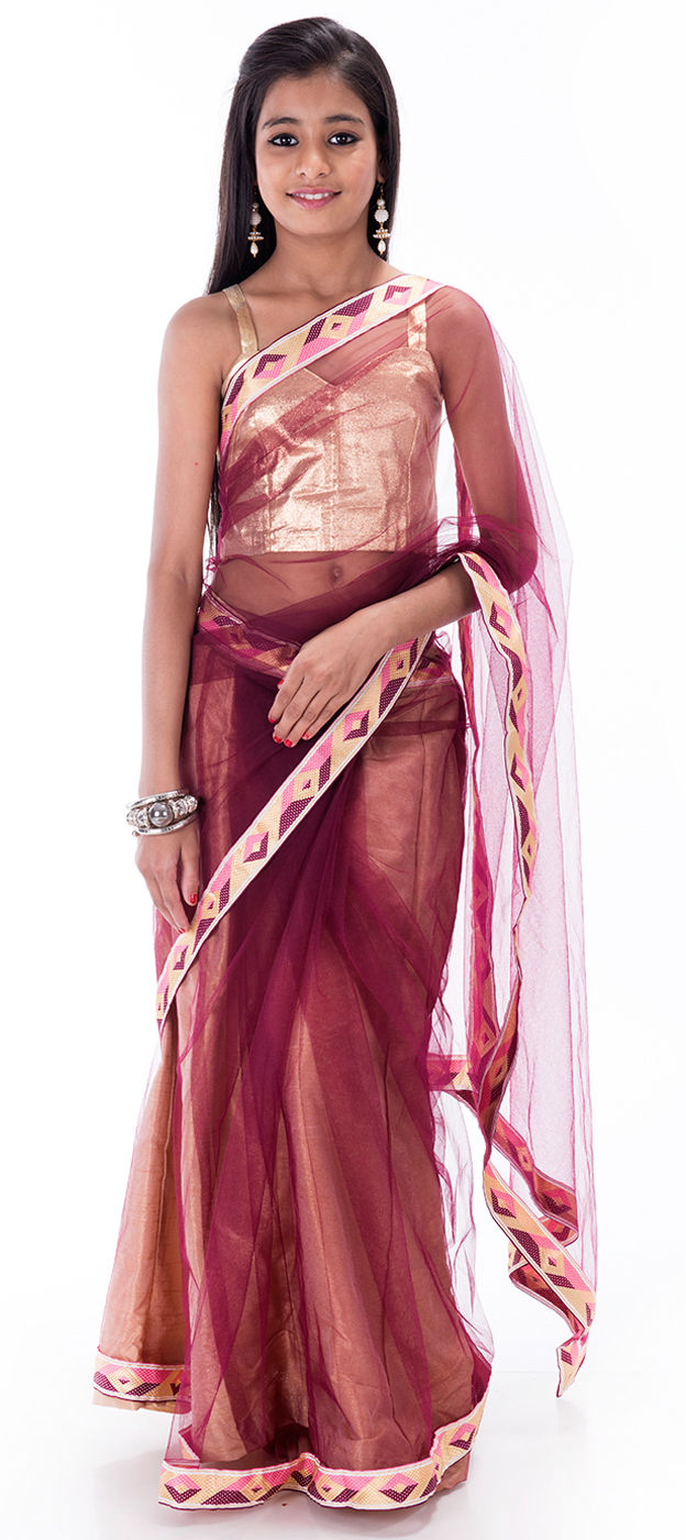 201226: Pink and Majenta color Net fabric Kids Saree