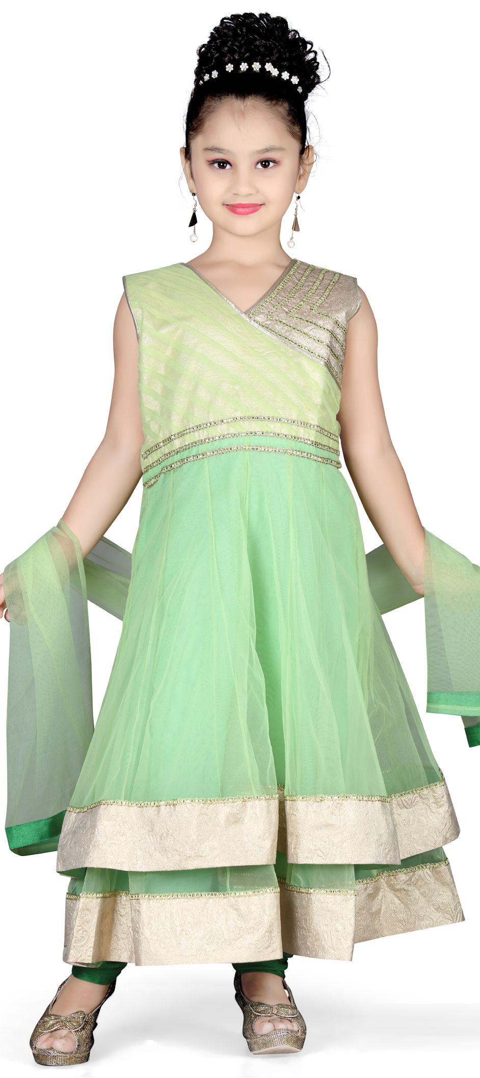 201681: Green color Brocade, Net fabric Kids Salwar