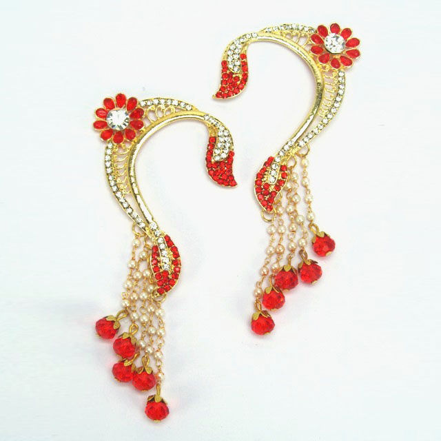 323155: Red and Maroon color family Earrings and Gold Rodium Polish work