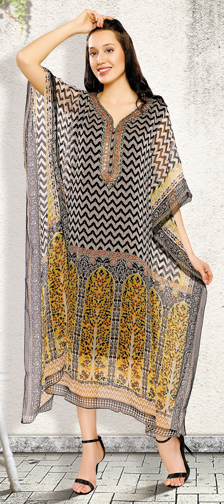 Multicolor color Chiffon fabric Kaftan : 325322